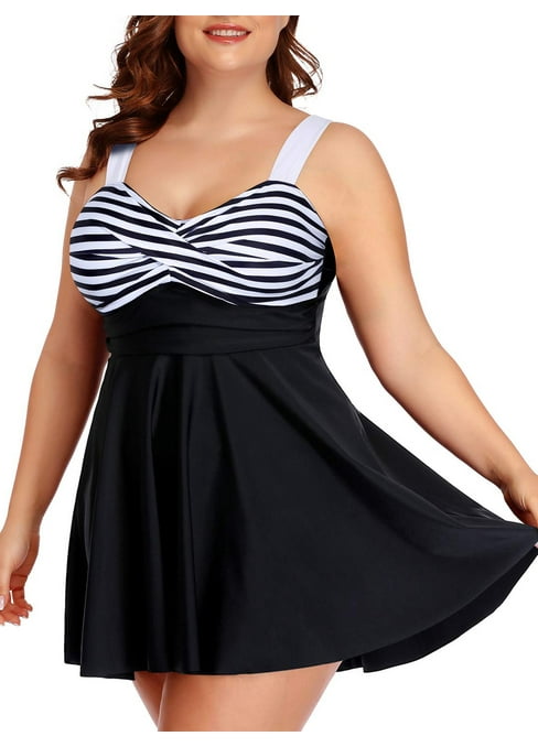 Asoul Plus Size One Piece Swimsuit Swim Dress Mesh Cutout Skirt Bathing Suits Women Side Split ...