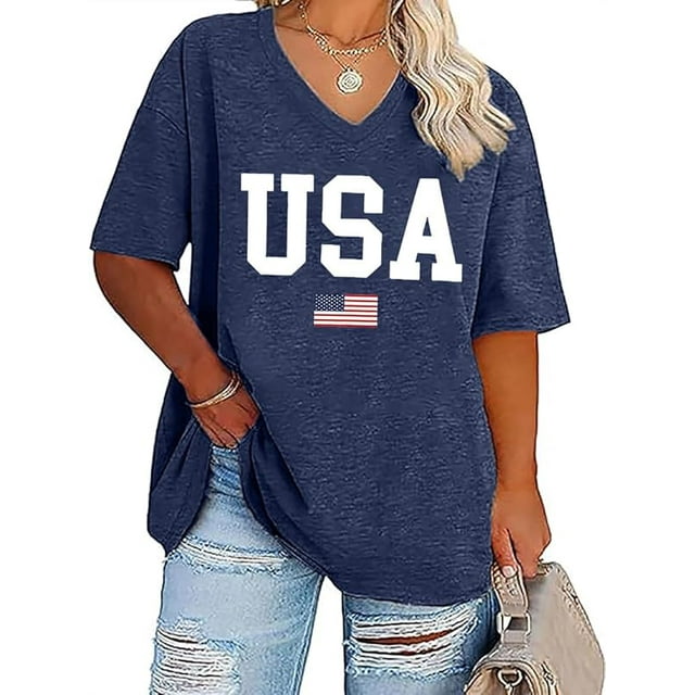 Plus Size V-Neck 4th of July T Shirt Women- Distressed American Flag ...
