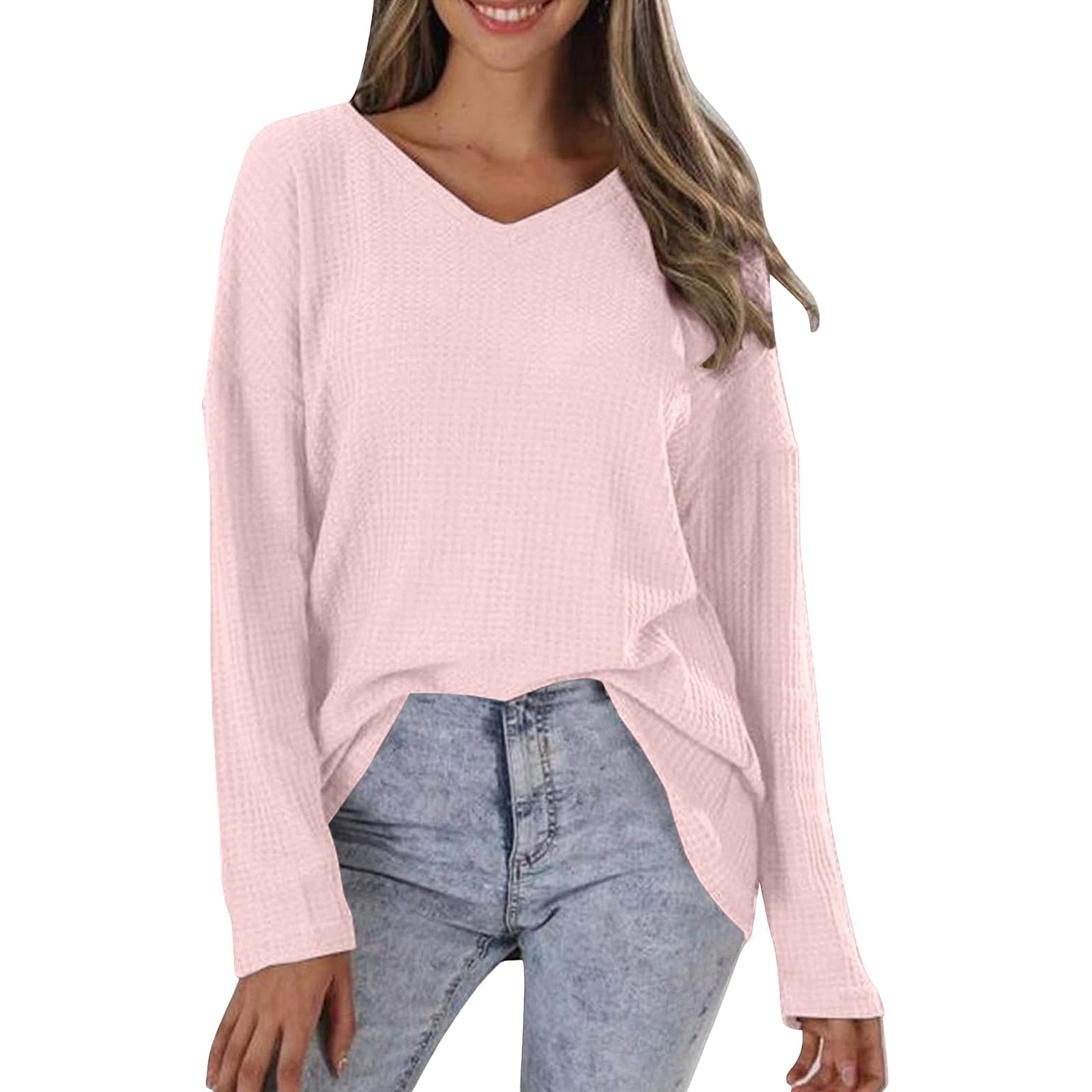 Plus-Size V-Neck Tops for Women, Long Sleeve Loose-Fitting Casual ...