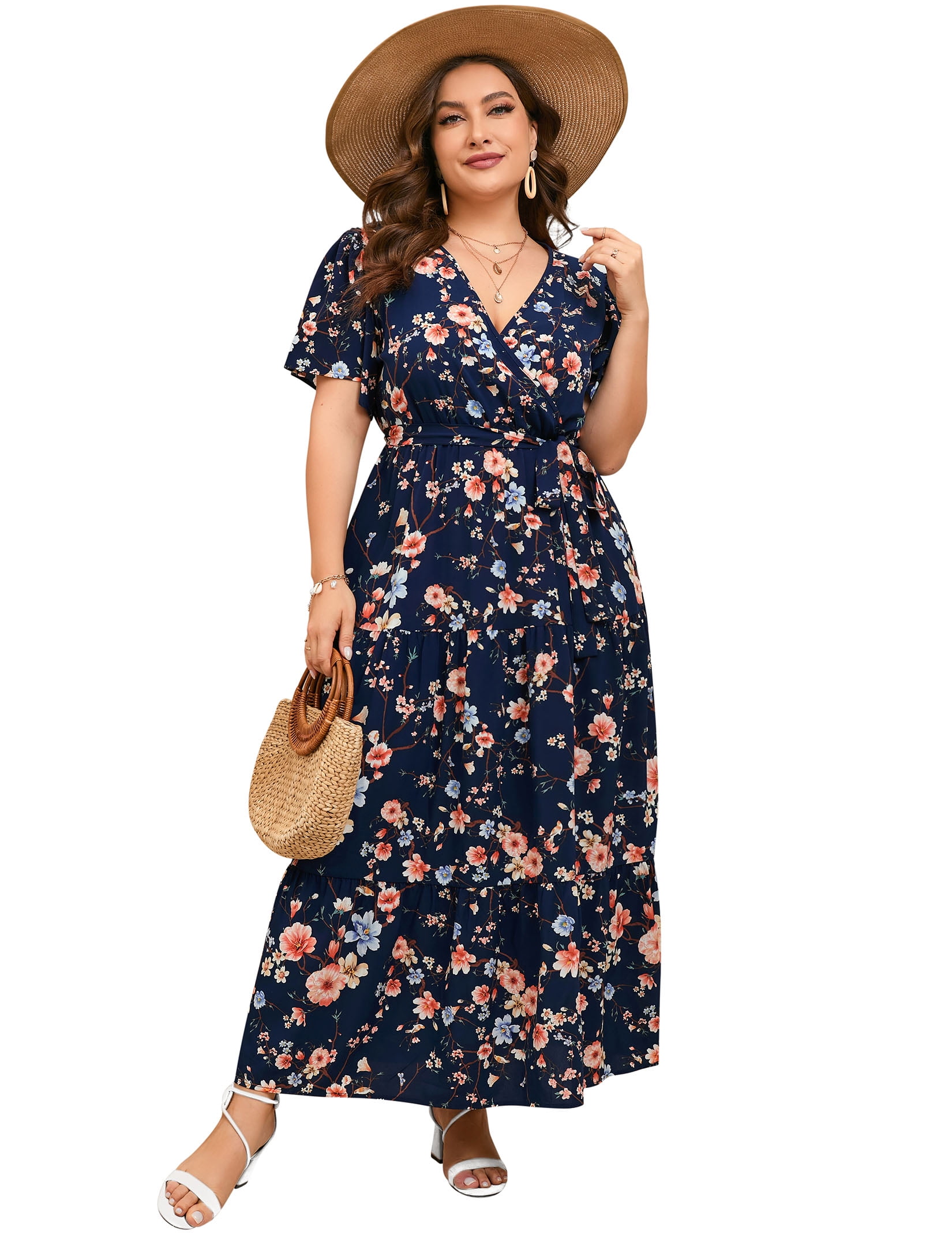 Plus Size Wedding Guest Maxi Dresses for Curvy Women, Summer Casual Floral Long Party Sundress ...