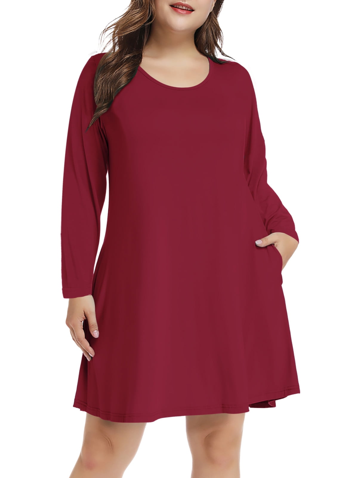 Plus Size Wine Red Dresses 1X for Women, VEPKUL Crew Neck T Shirt Dress ...