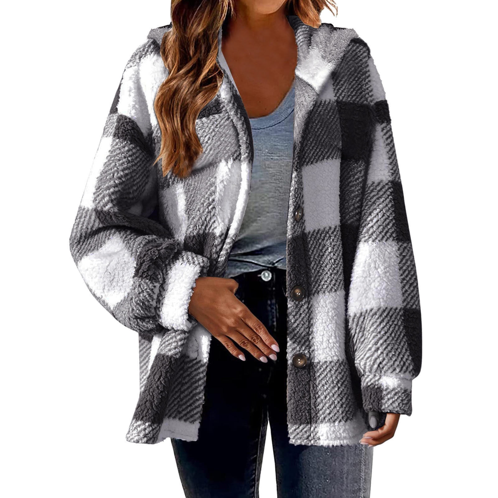 Plus Size Winter Coats for Women Fuzzy Fleece Plaid Jacket Sherpa ...