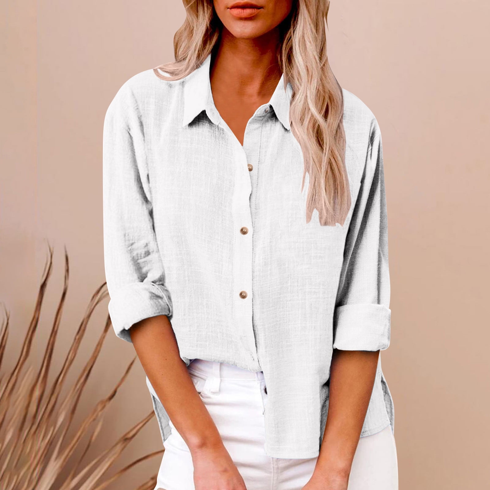 Plus Size Women Button down Tops Long Sleeve Lapel Collar Linen Tops ...