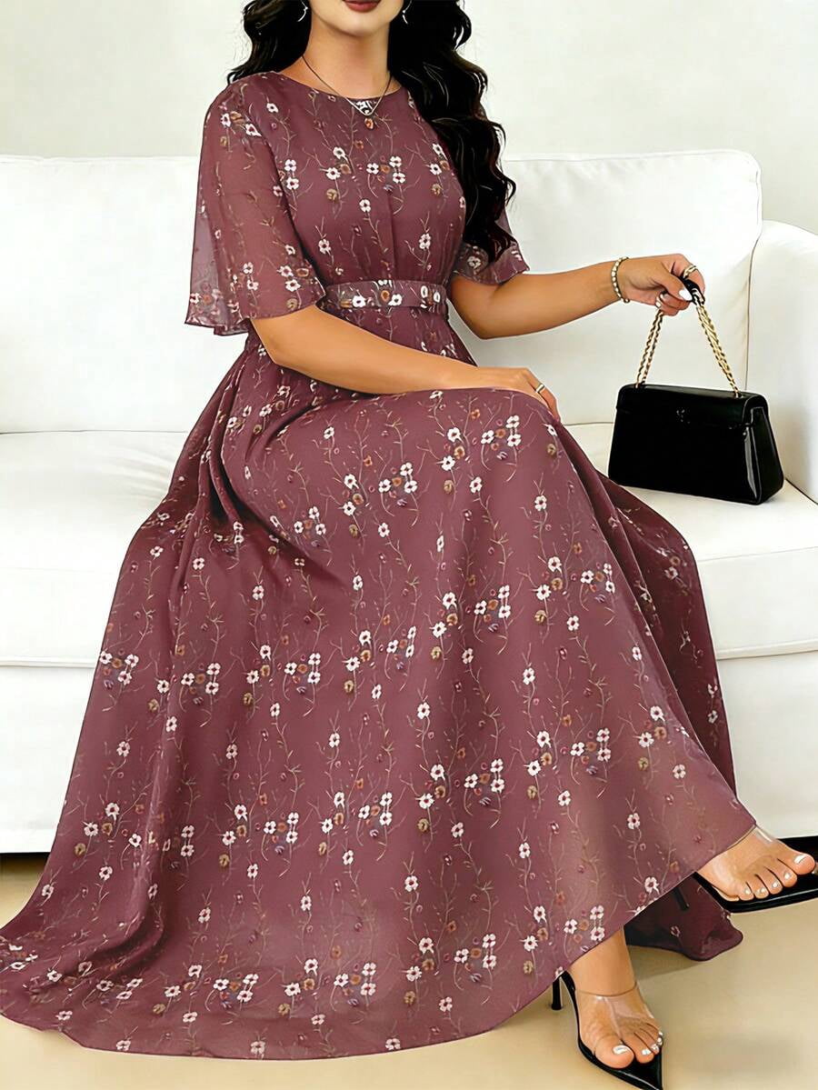 Plus Size Women Elegant Round Neck Ruffle Flare Sleeve Fitted Flowy ...