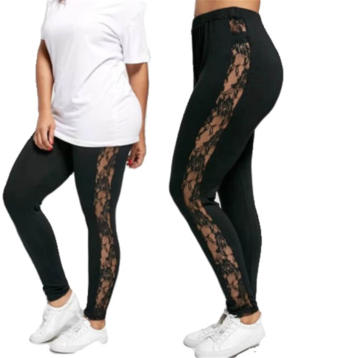 Plus Size Women Lace Pants Side Sheer Leggings Slim Stretch Trousers ...