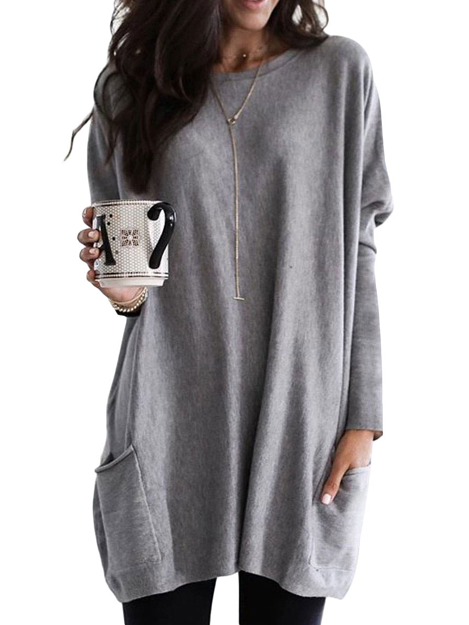 Plus Size Women Long Sleeve Round Neck Sweatshirt Pocket Pullover Loose ...