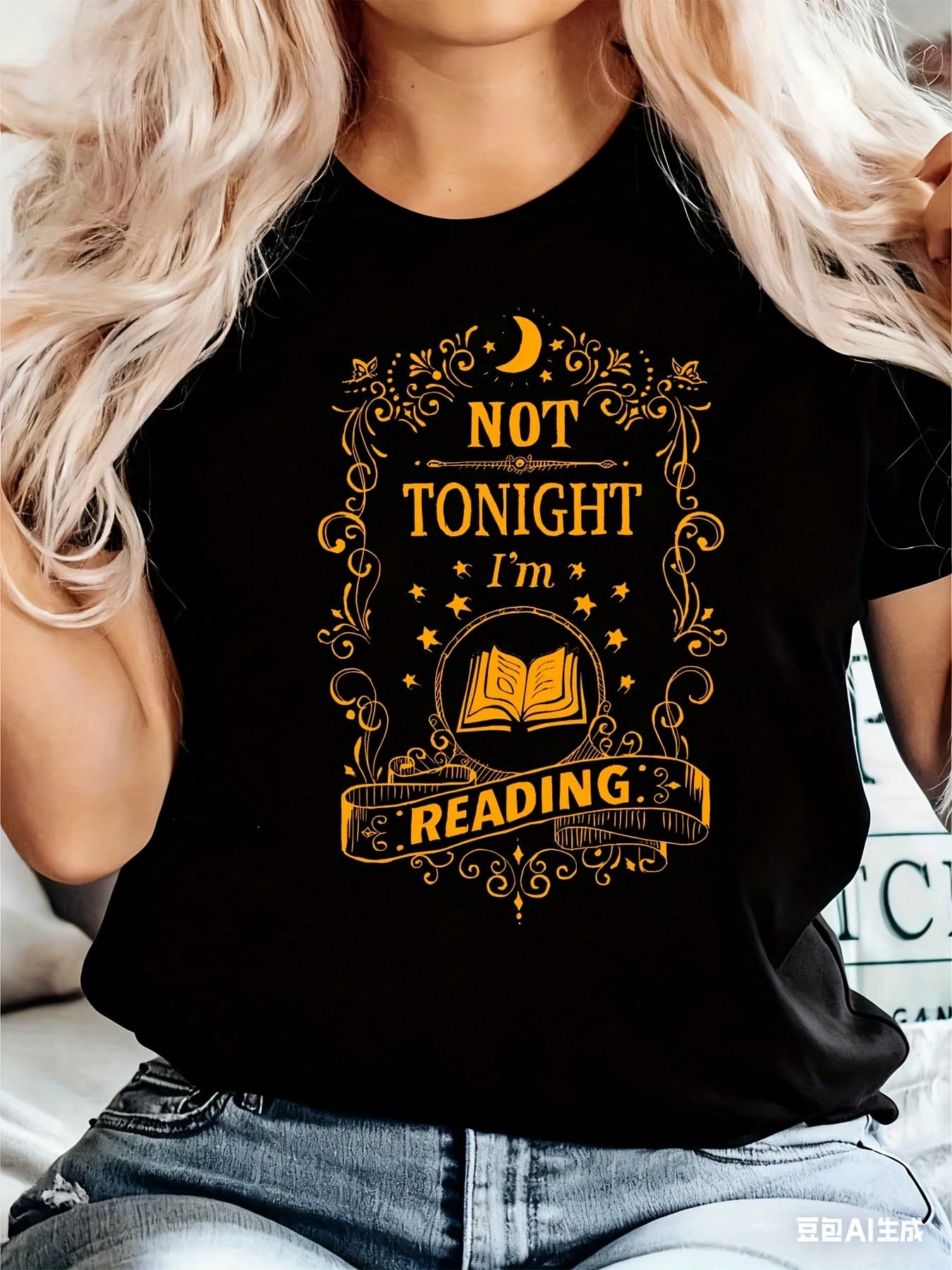 Plus Size, Women'S Elegant Plus Size Book & Moon Phase Graphic T-Shirt ...