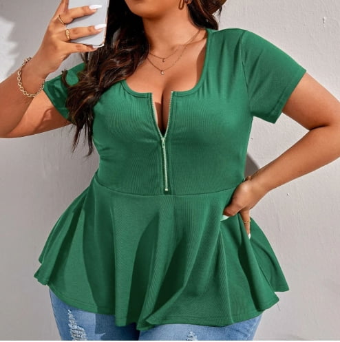 Plus Size Women Sexy Half Zip Up Low Cut Short Sleeve Ruffle Babydoll ...