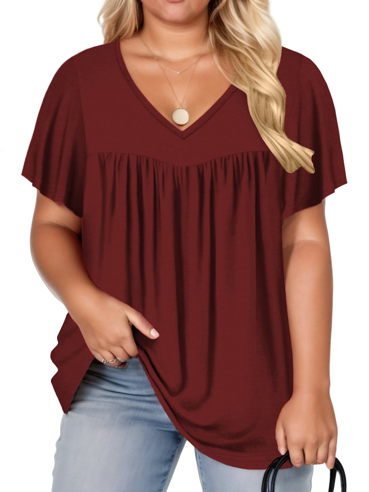 Plus Size Women Tops Cute Ruffle Sleeve V Neck Comfy Pleated Wine Red ...