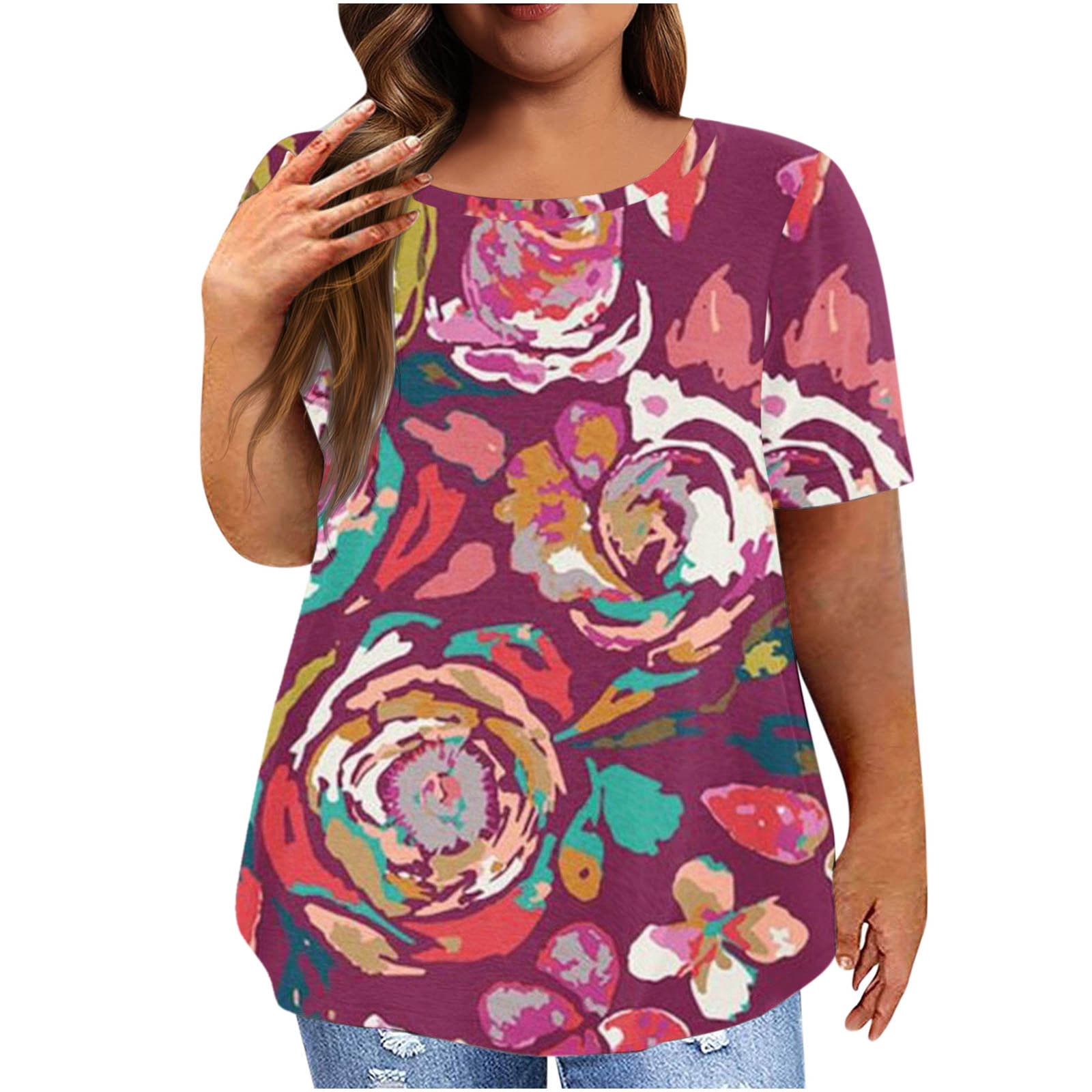 Plus Size Women Tops for Summer Casual Floral Tie-dye Printed Fashion ...