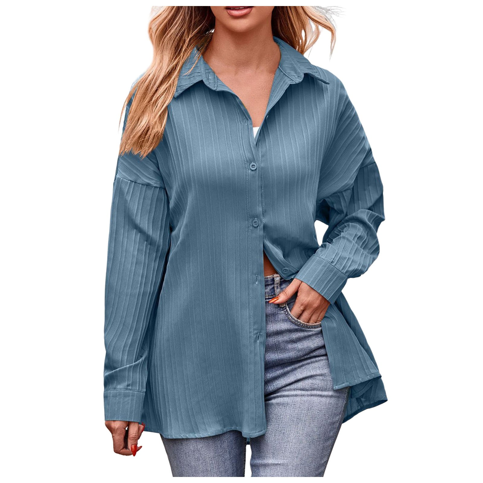 Plus Size Women's Button Down Shirt - Long Roll-Up Sleeve V-Neck Blouse ...