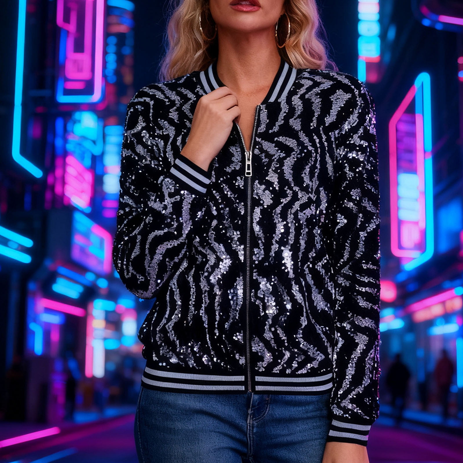 Plus Size Women's Carnival Sequins Jacket Zip Front Glitter Party Coat ...