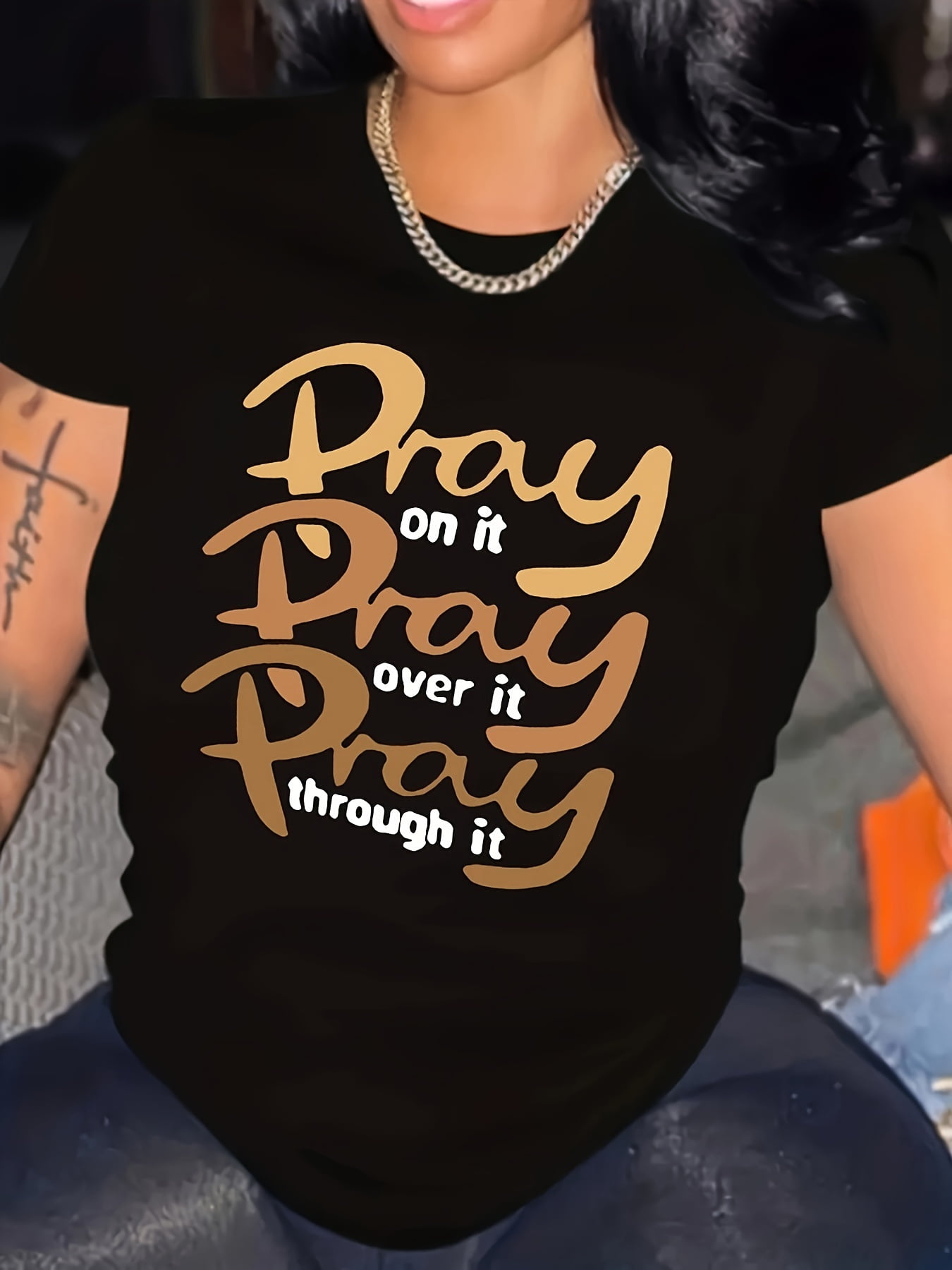 Plus Size Women's Casual Shirt Three Rows Of Gold Pray Graphic Loose ...