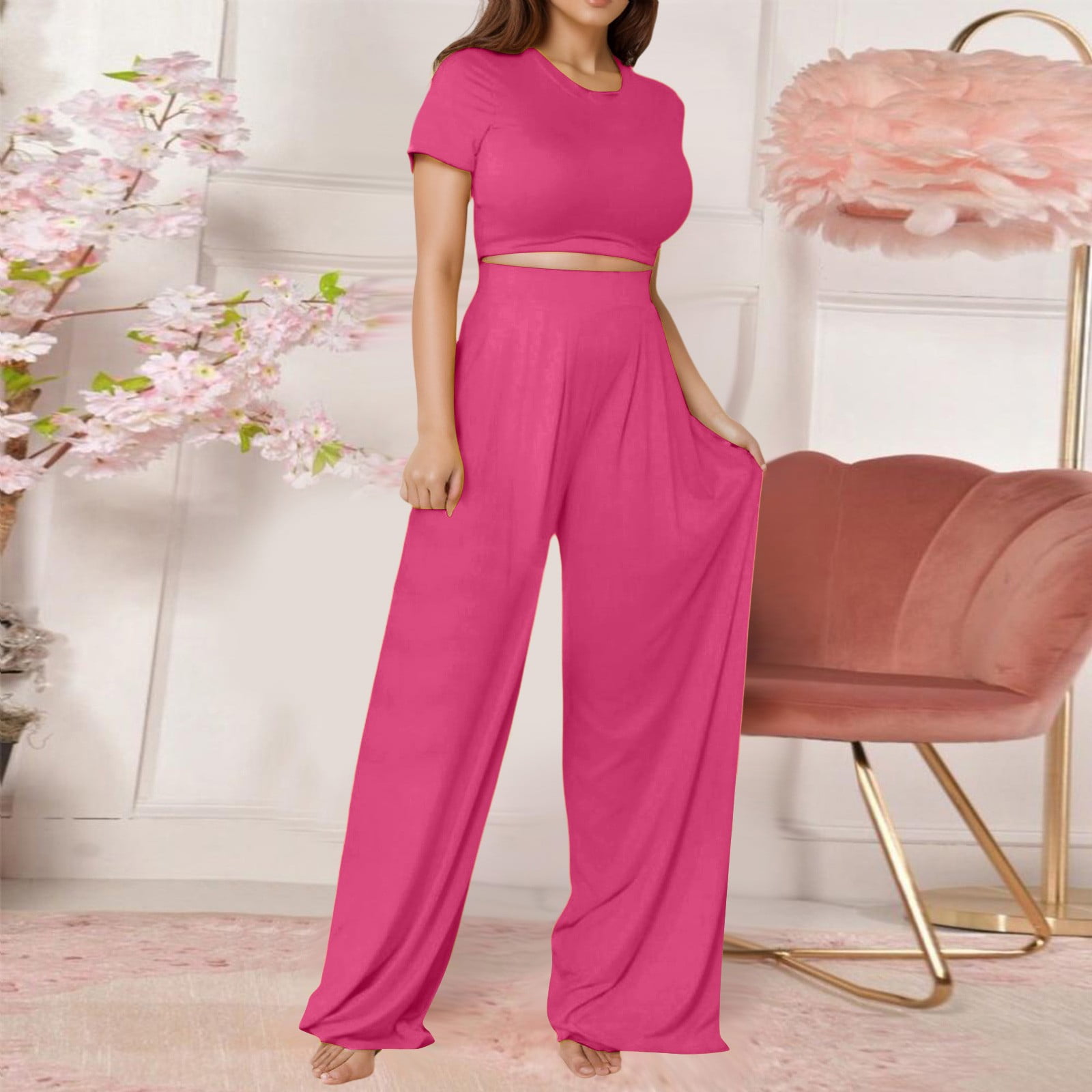 Plus Size Women's Fashion Casual Wide Leg Short Sleeved Pant Suit Women ...