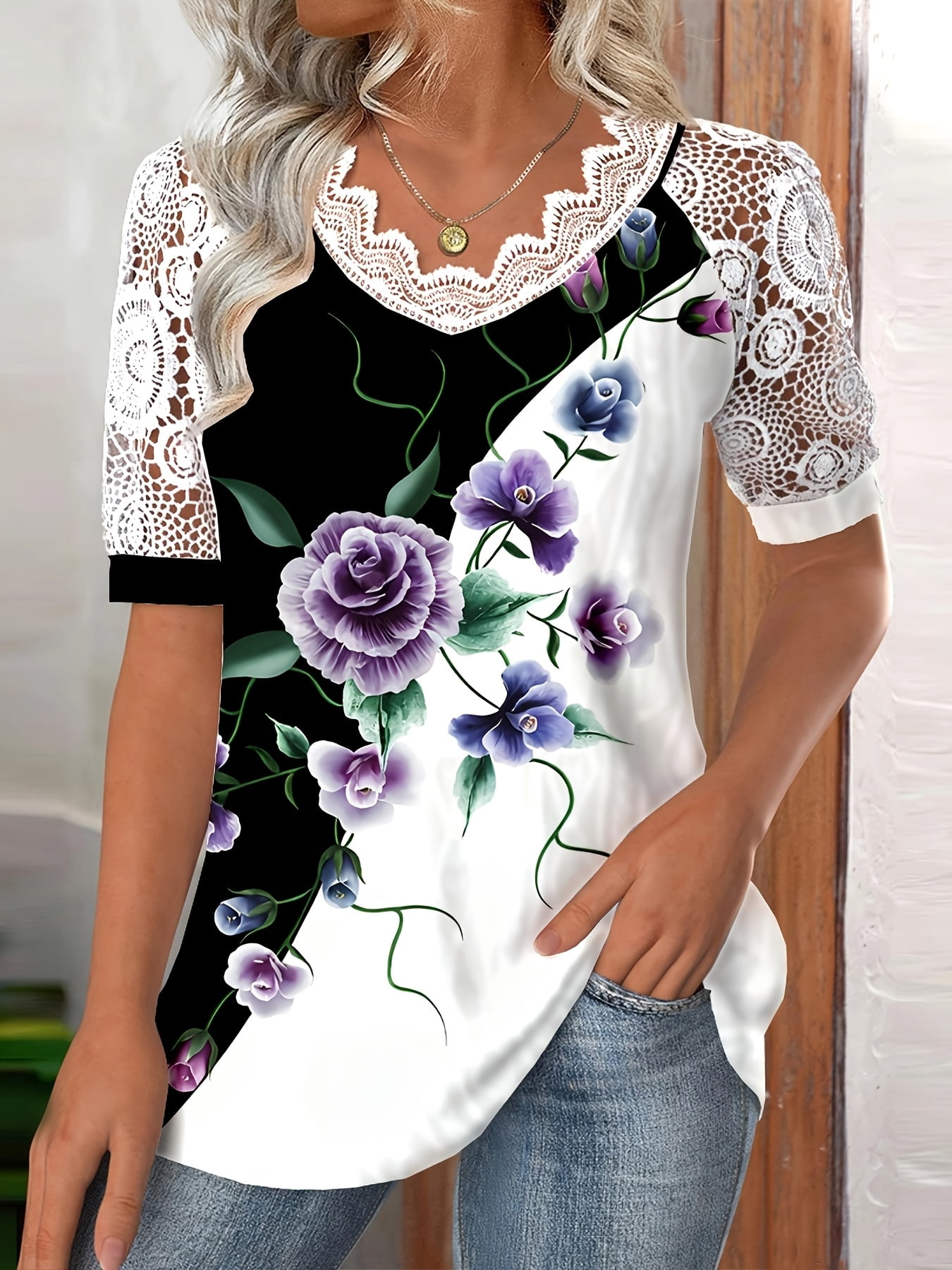 Plus Size Women's Floral Print V Neck Blouse, Short Sleeve Lace Trim ...
