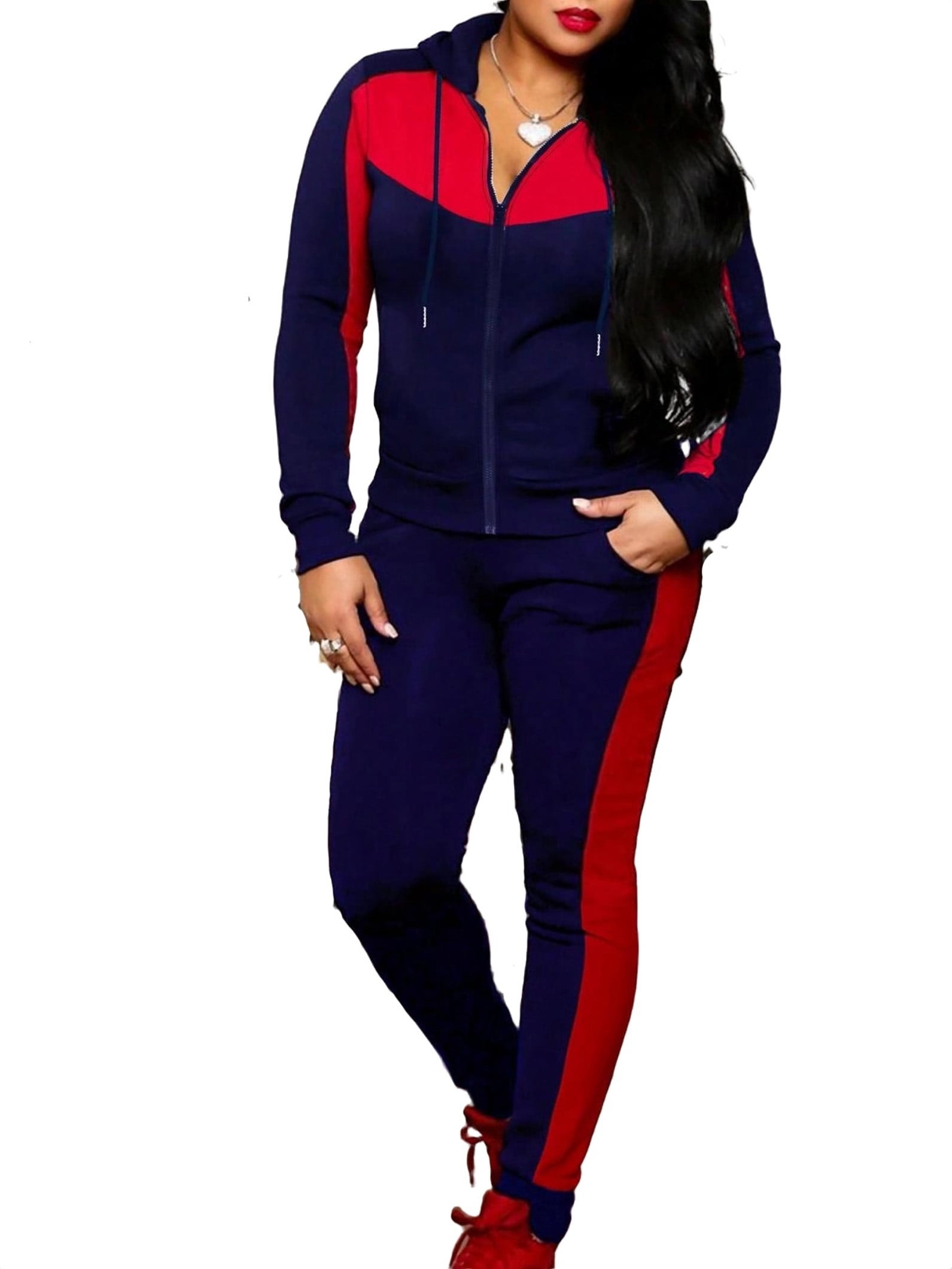 Plus Size Women's Hooded Colorblock Medium Stretch Royal Blue Color Co ...