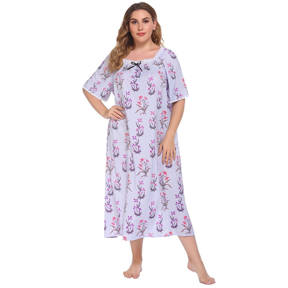 Plus Size Women's Mid Sleeve Nightgown Long Sleepshirts Sleep Dress ...
