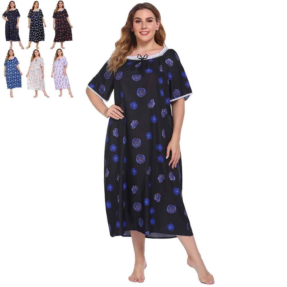 Plus Size Women's Mid Sleeve Nightgown Long Sleepshirts Sleep Dress ...