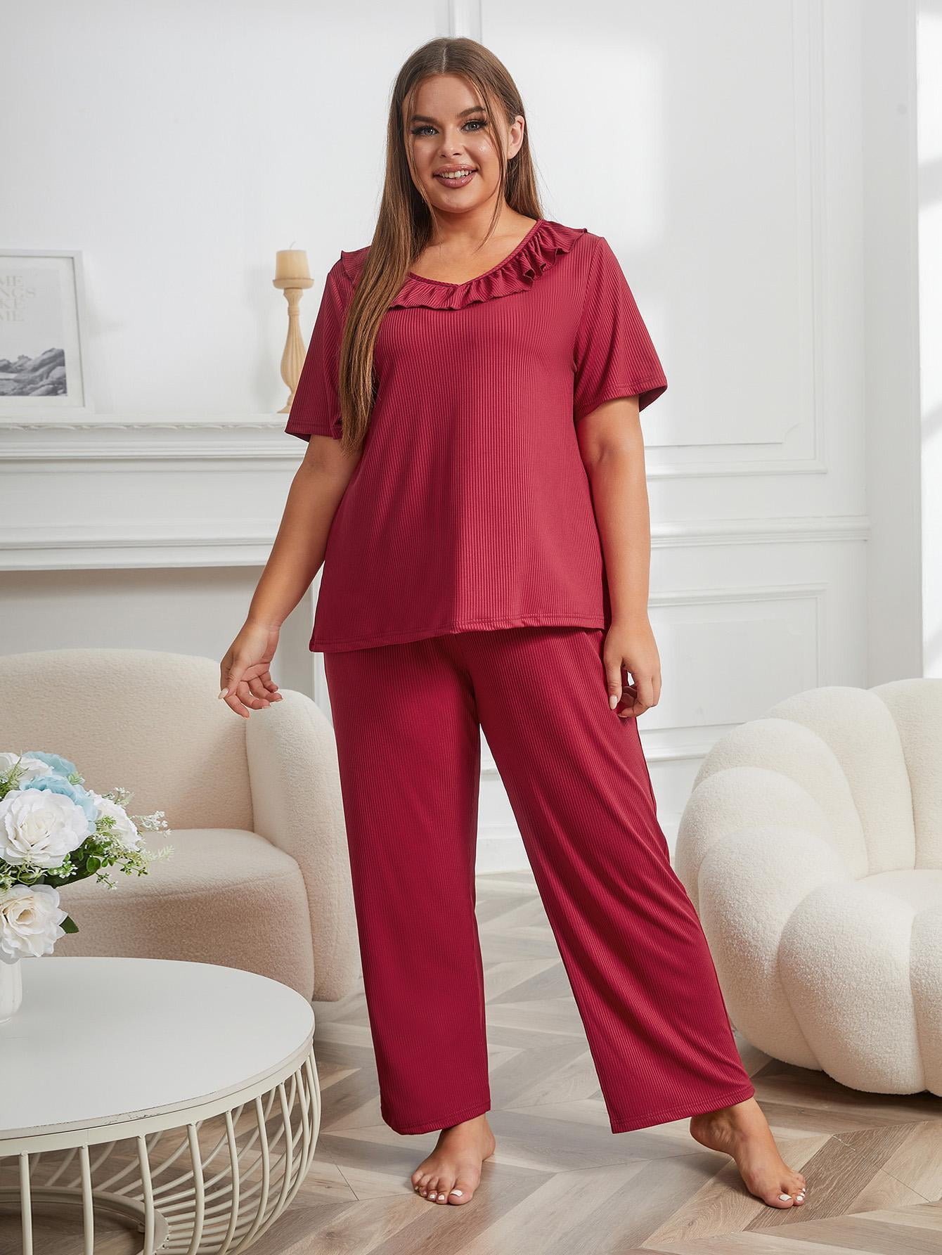 Plus Size Women's Pajama Set Loose Short Sleeve Tee and Pants Soft ...