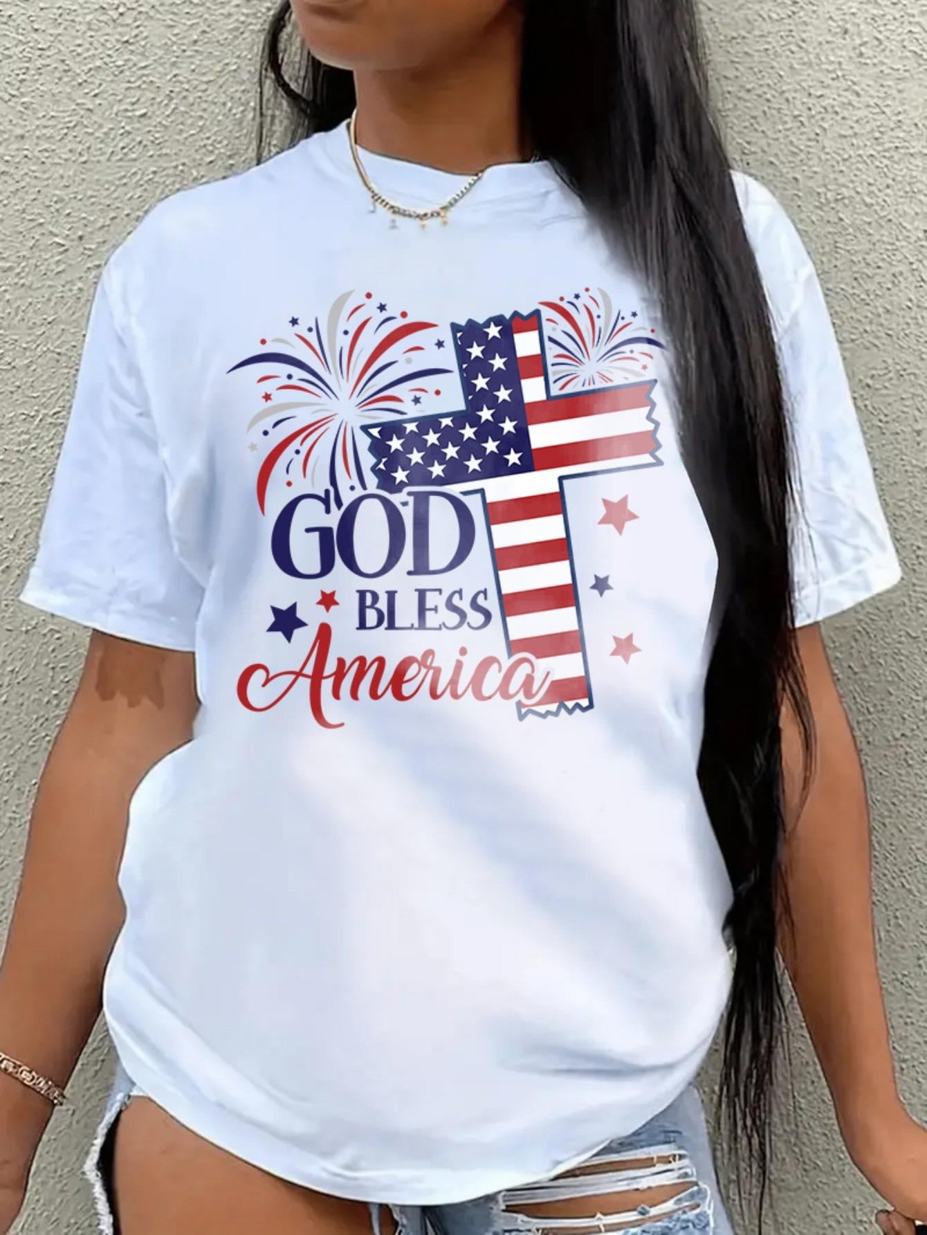 Plus - Size Women's Round - Neck T - Shirt with "God Bless America" Patriotic Cross and ...
