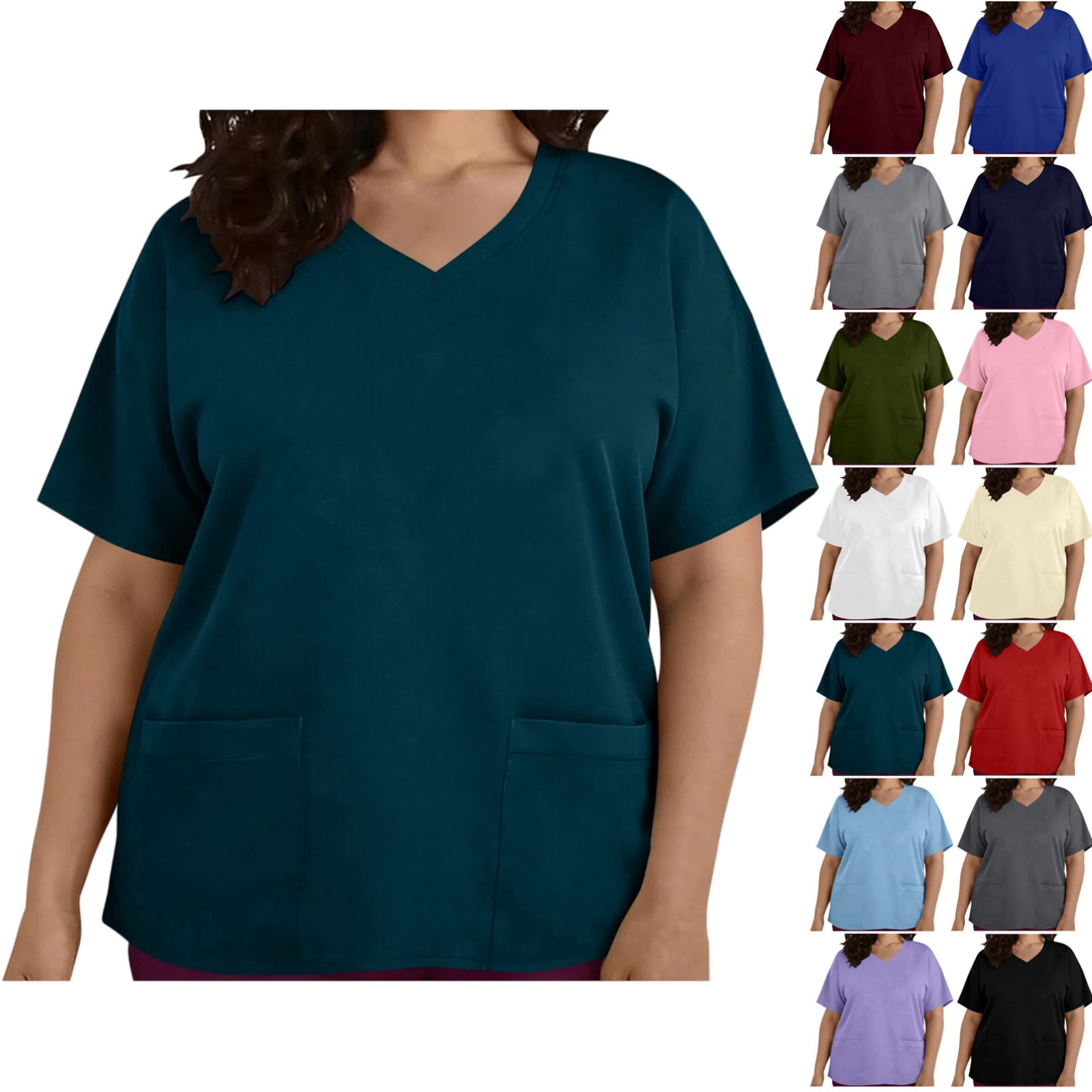 Plus Size Women's Scrub Top - Solid Color V-Neck Short Sleeve Medical ...