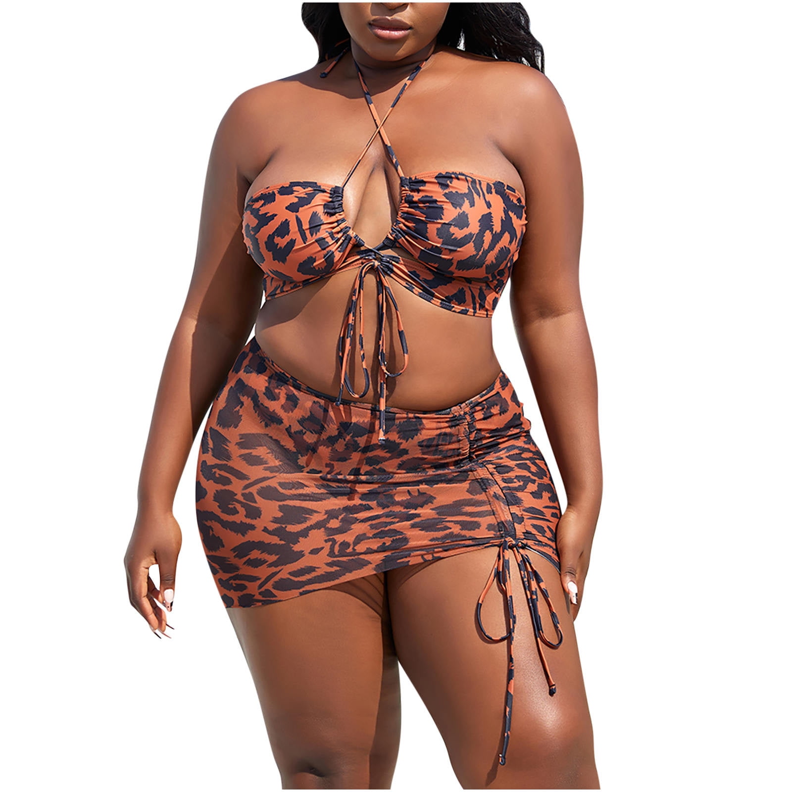 Plus Size Womens Sexy Leopard Swimsuits Drawstring Beach Coverup Mini