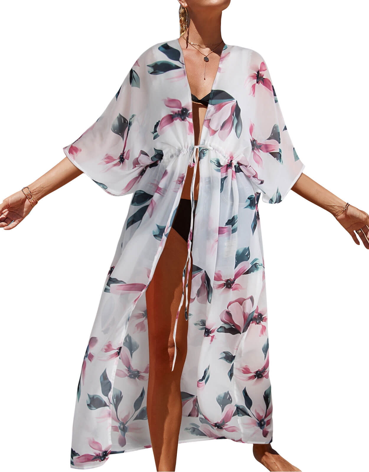 Plus Size Women's Summer Swimsuit Cover Ups Flower Print Open Front ...
