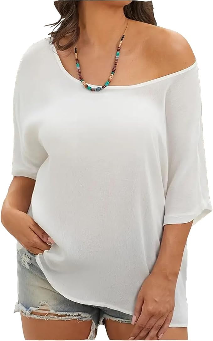 Plus-Size Women's T-Shirt Solid Color Off-The-Shoulder Ruffled Casual ...