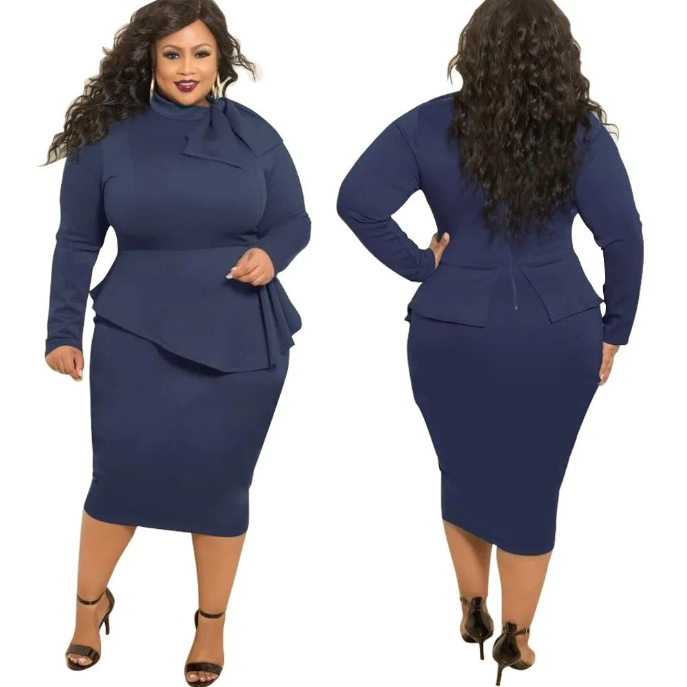 Plus Size Women's Urban Commuter Bowknot Long Sleeve Package Hip Pencil ...