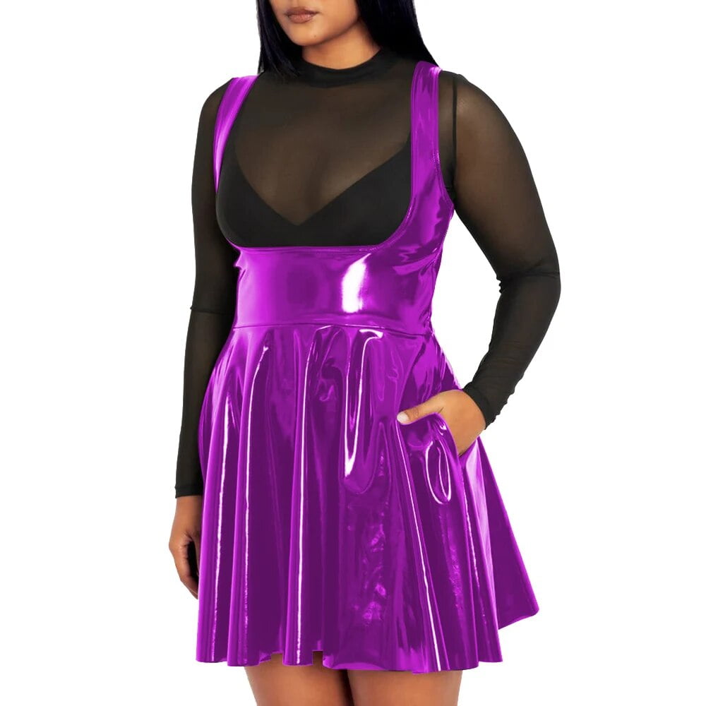 Plus Size Womens Bodycon Sexy Underbust Pleated Dress Wet Pvc Leather Sleeveless High Waist