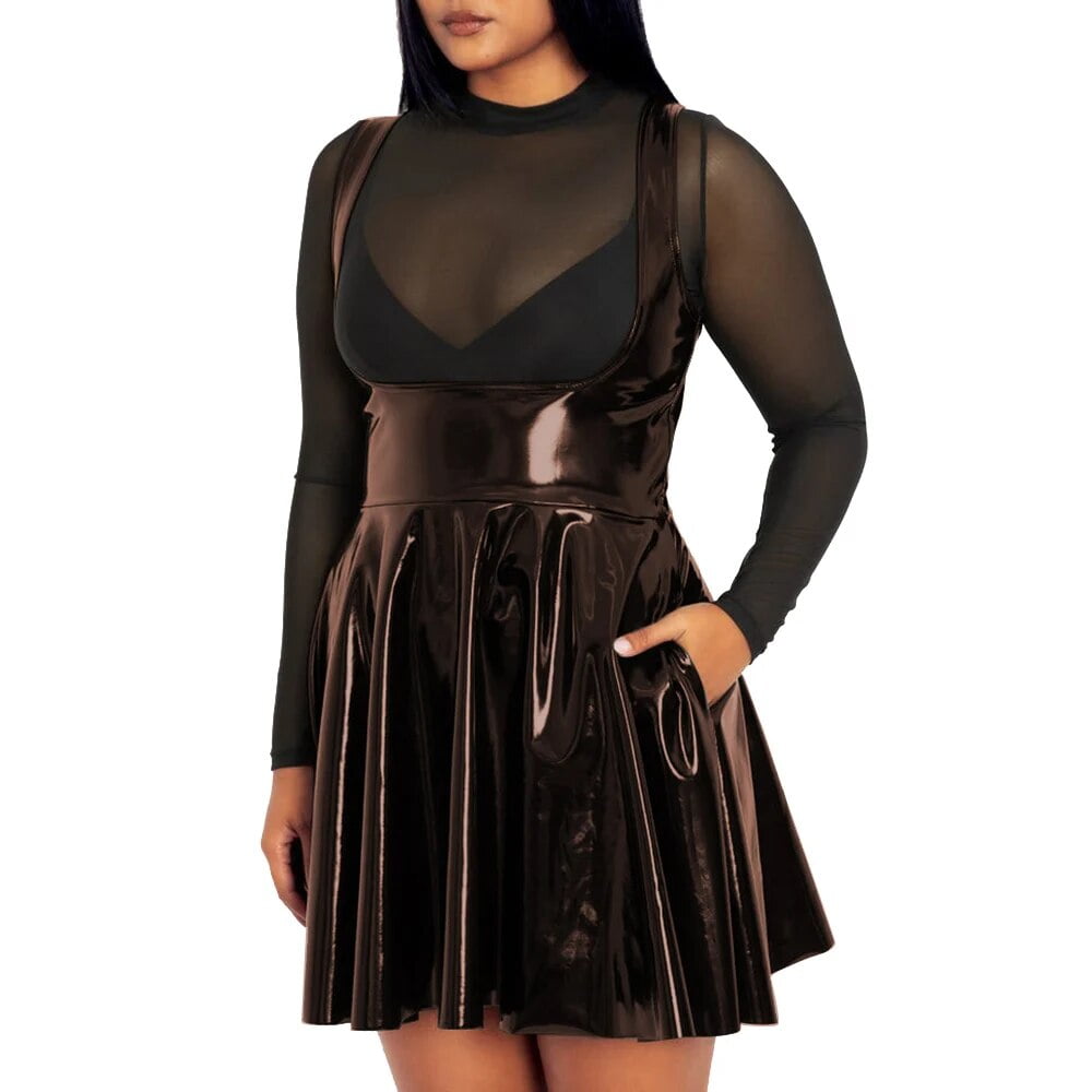 Plus Size Womens Bodycon Sexy Underbust Pleated Dress Wet PVC Leather ...