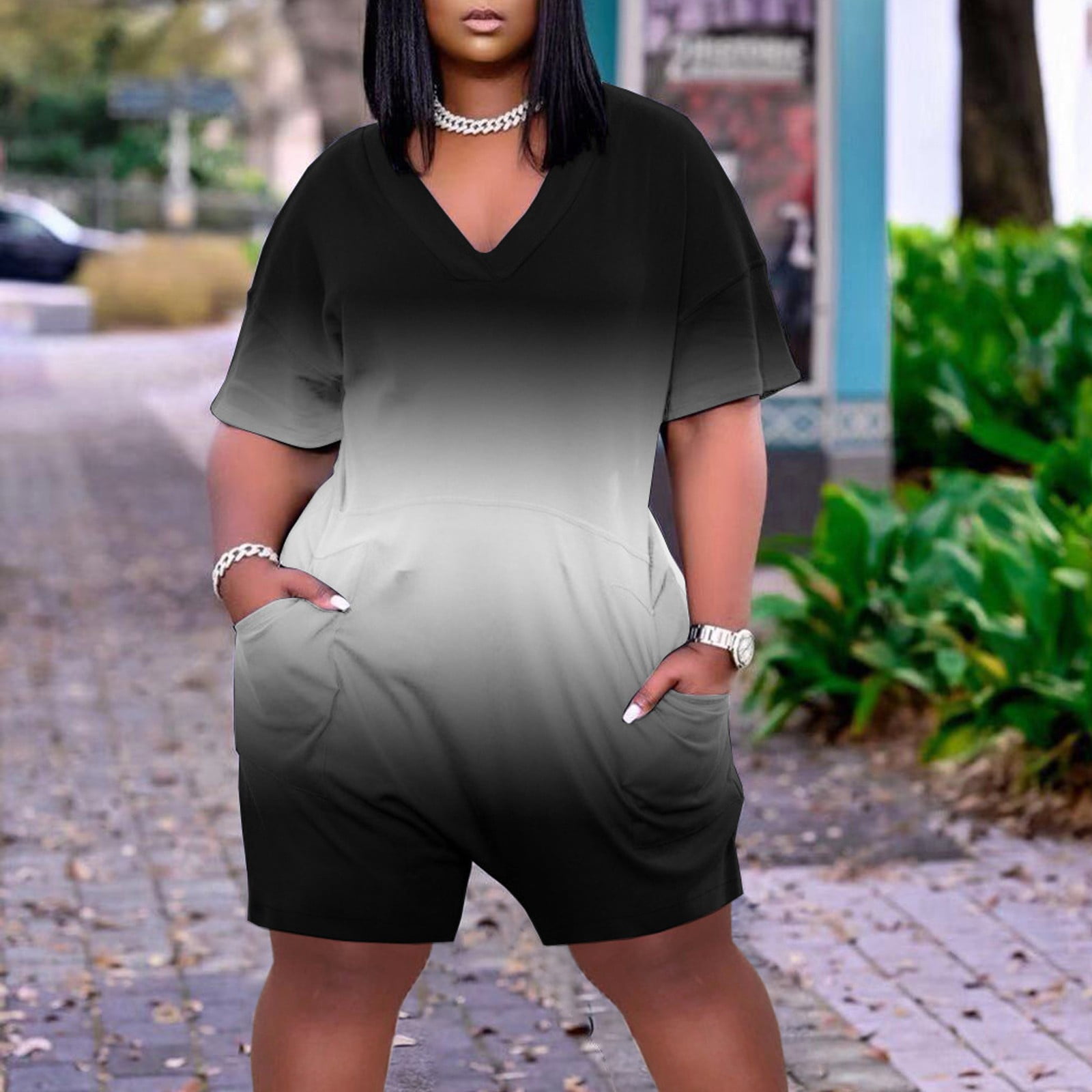 Plus Size Womens Casual V Neck Pockets Short Sleeve Jumpsuits Wide ...