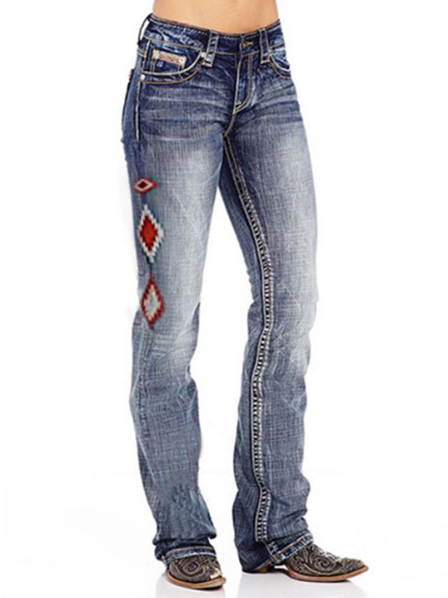 Plus Size Womens Embroidery Jeans Denim Pants Straight Leg Trousers ...