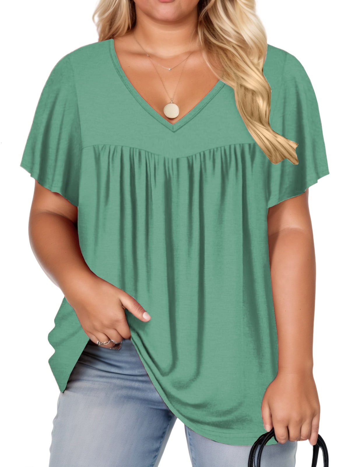 NISVIYA Plus Size Womens T Shirts Chic V Neck Pleated Ruffle Sleeve ...