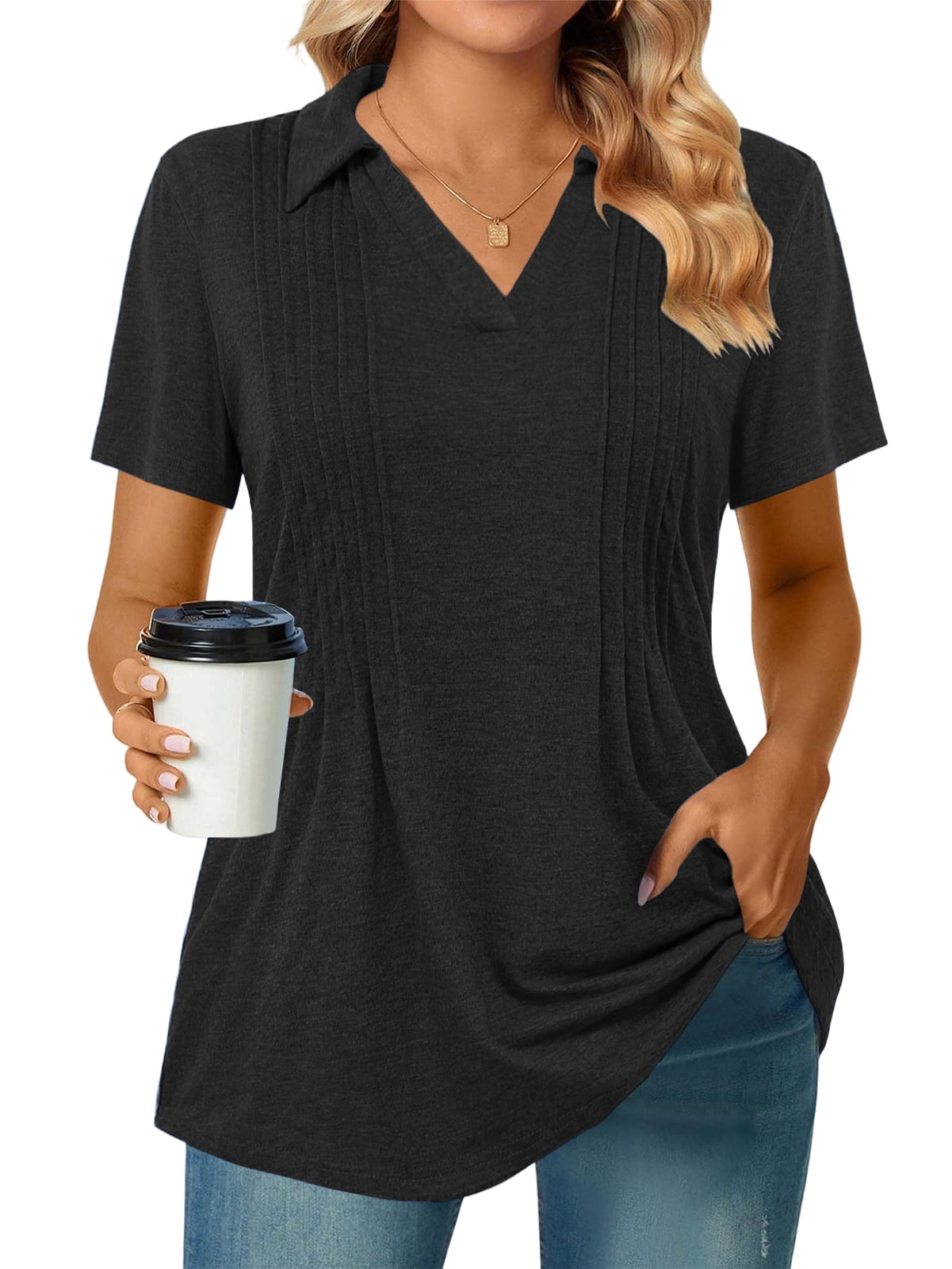 Plus Size Womens Tops Cute V Neck Tunics Dressy Short Sleeve Polo ...