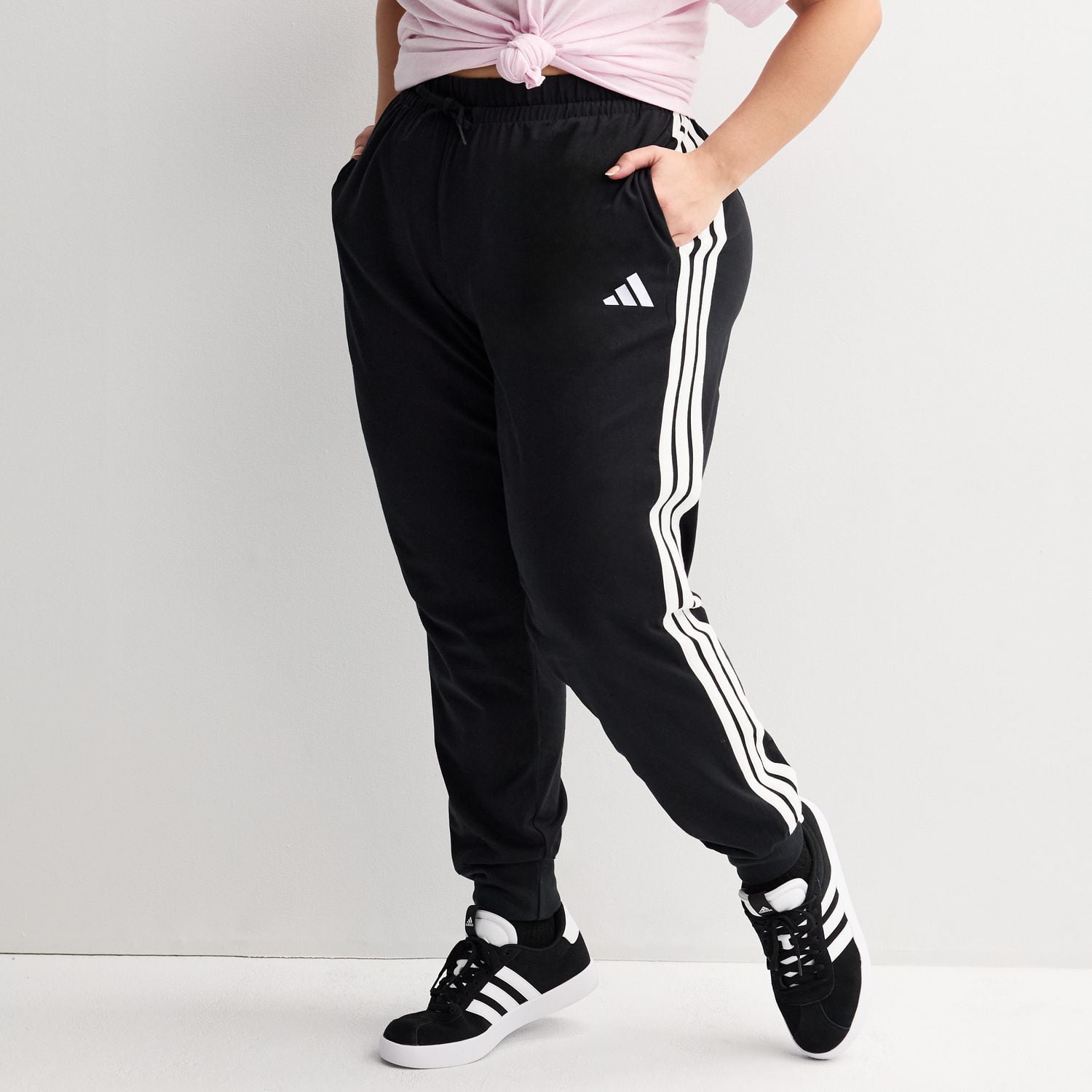 Plus Size adidas Essentials 3-Stripes Jogger Pants Color: Black White ...