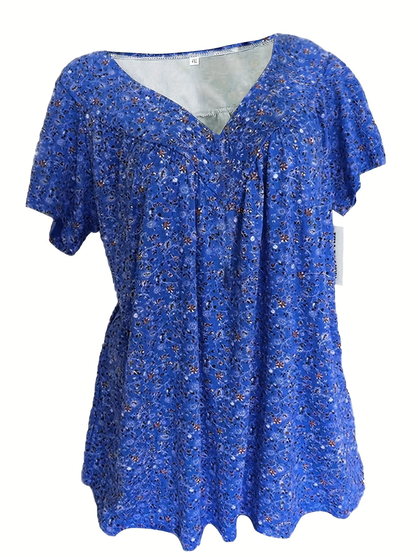 Plus Sizes Boho T-shirt, Women's Plus Ditsy Floral Print Short Sleeve V ...