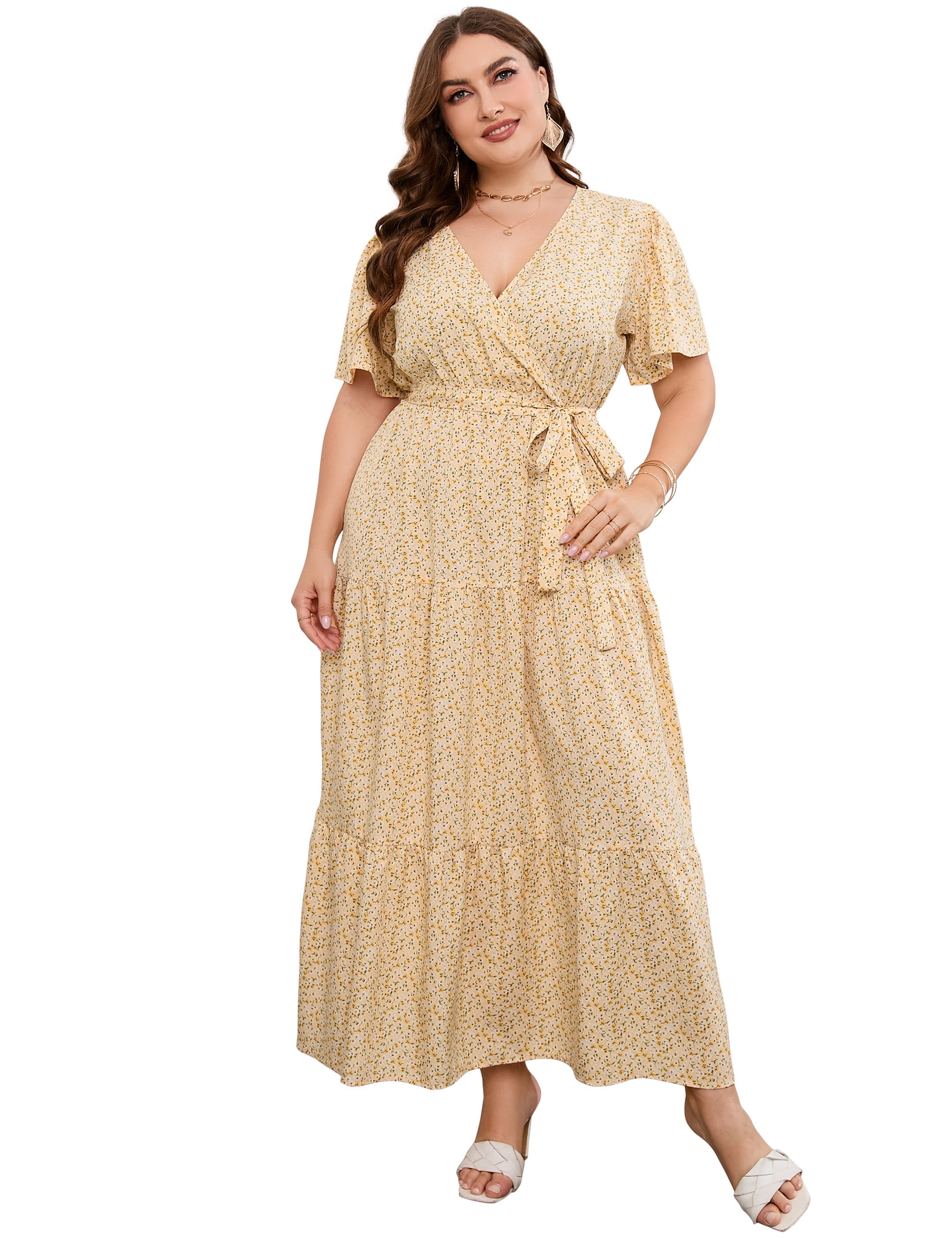 Plus Women's Plus Size A-Line Deep V-Neck Elastic Sash Waist Maxi ...