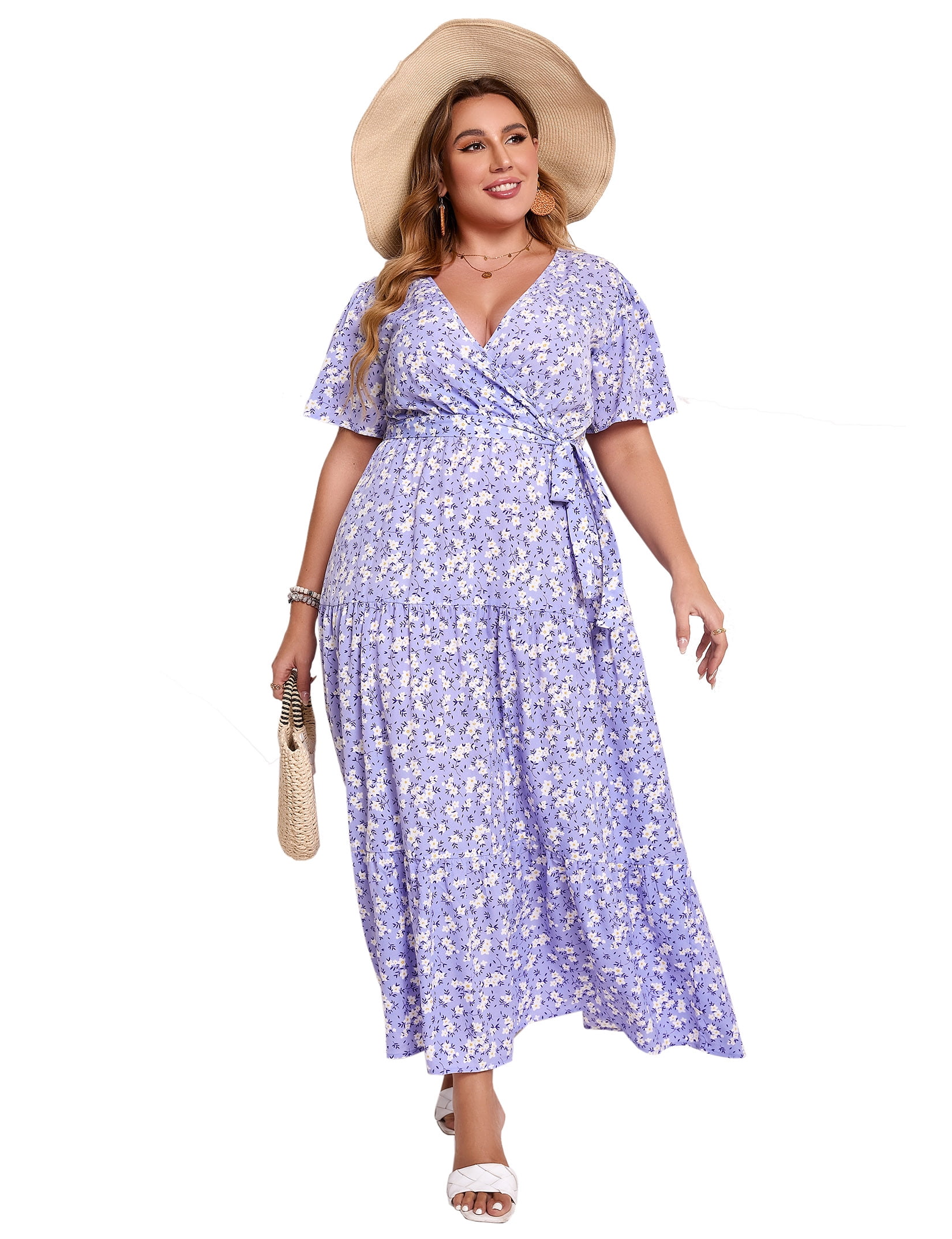 Plus Women's Plus Size A-Line Deep V-Neck Elastic Sash Waist Maxi ...