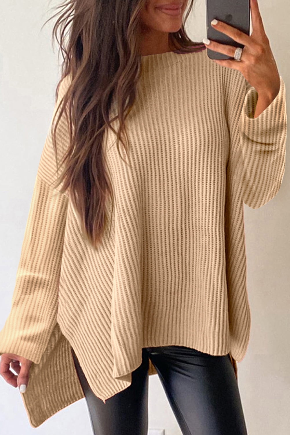 Plusashion Apricot Cable Knit Sweater: Drop Shoulder, Side Slits, Loose ...