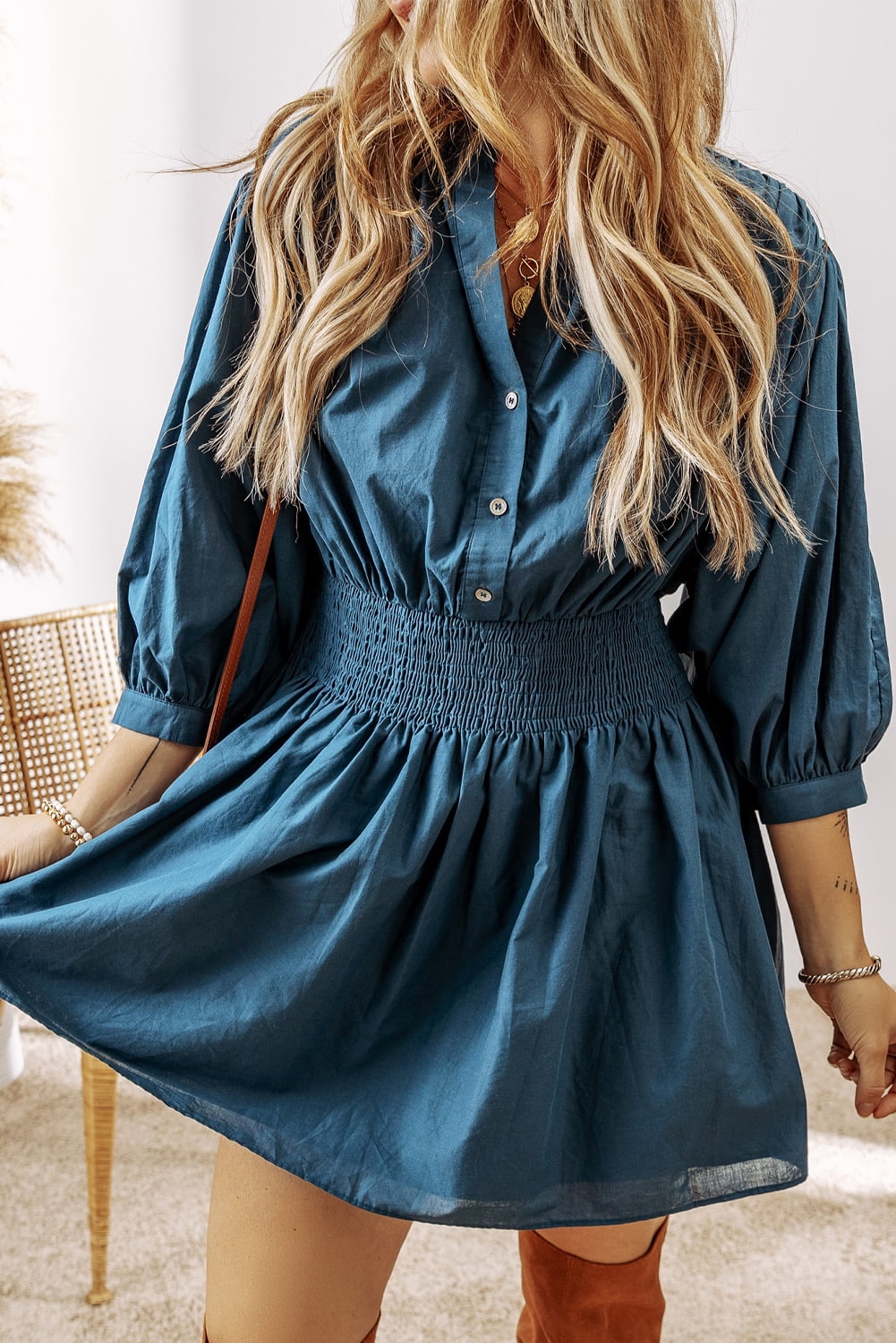 Plusashion Chic Prussian Blue Shirred High-Waist Mini Dress - Elegant ...