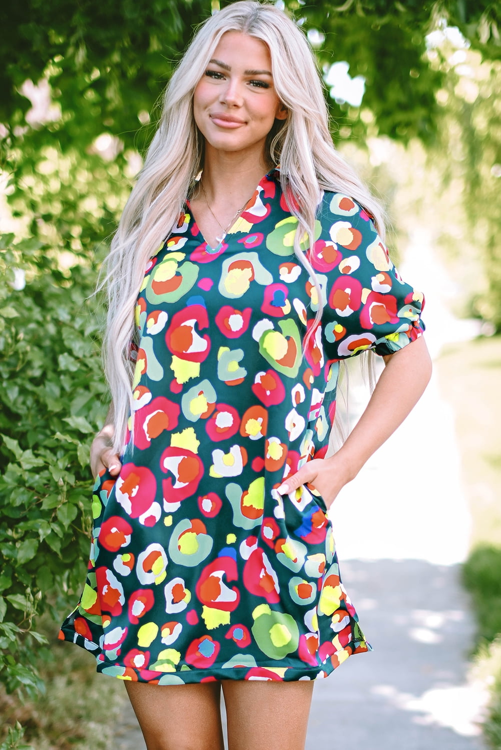 Plusashion Elegant Vintage Green Print Dress | Half-Sleeve, Casual ...