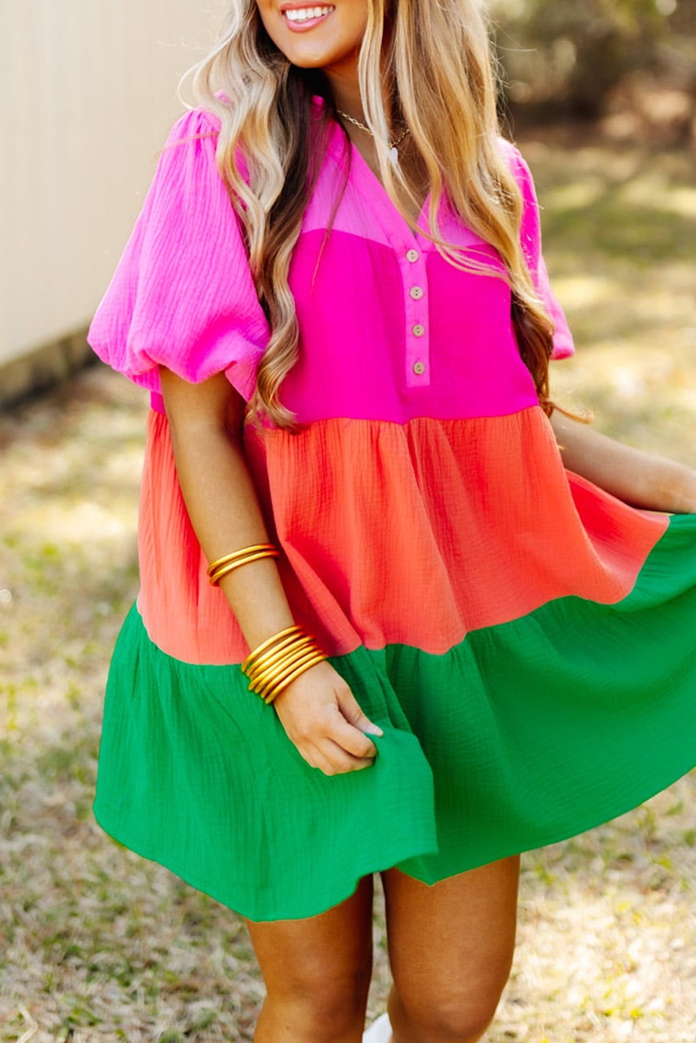 Plusashion Multicolor Block Party: Layered Puff Sleeve Dress - Walmart.com