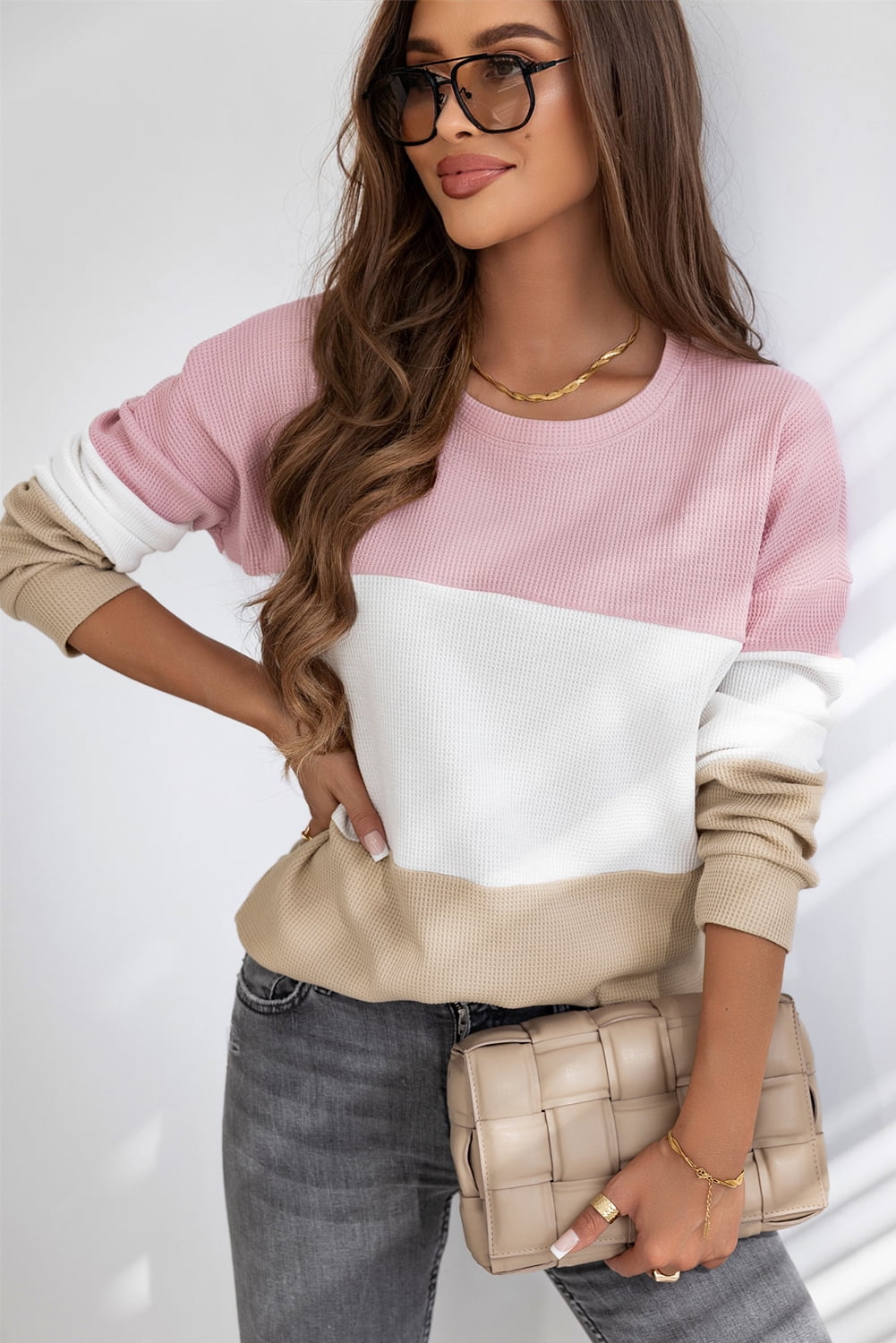Plusashion Pink Colorblock Waffle Knit Top - Stylish Long Sleeve V-Neck ...