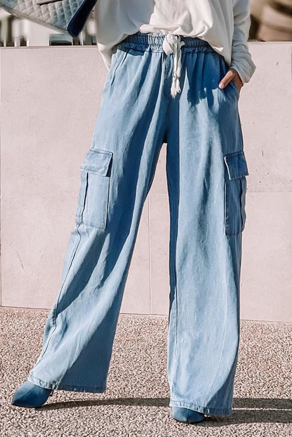 Plusashion Sky Blue High Waist Cargo Jeans - Comfortable Wide Leg Fit ...
