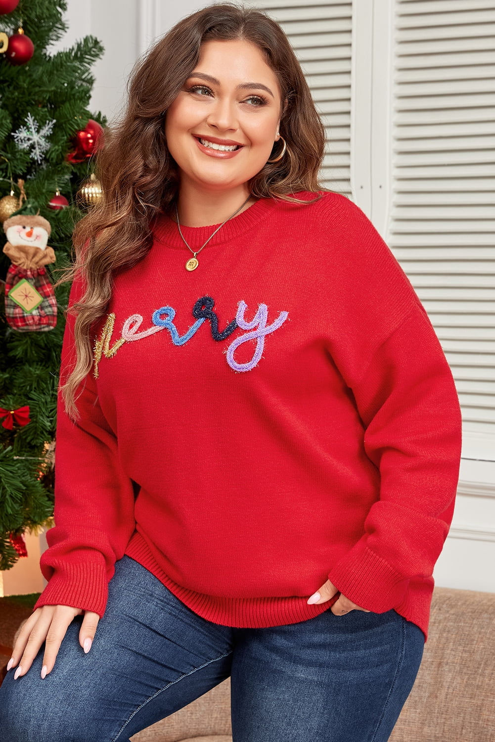 Plusashion Sparkling Red Plus Size Sweater: Festive Drop Shoulder Style ...