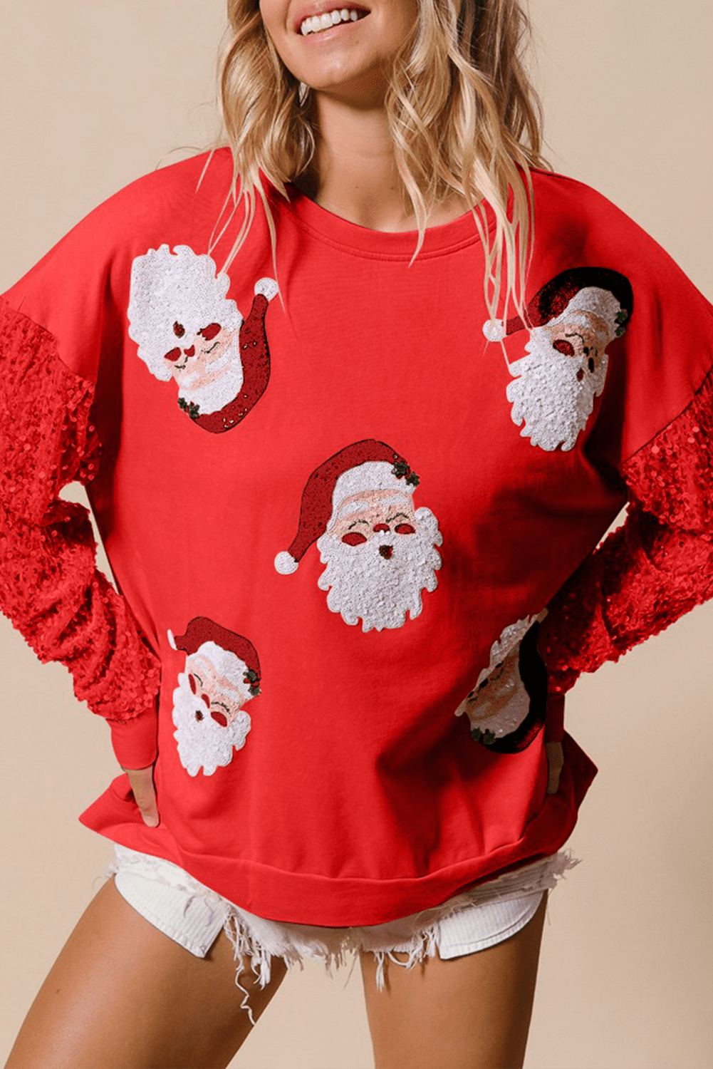 Plusashion Sparkling Santa Claus Red Sequined Long Sleeve Top - Festive ...