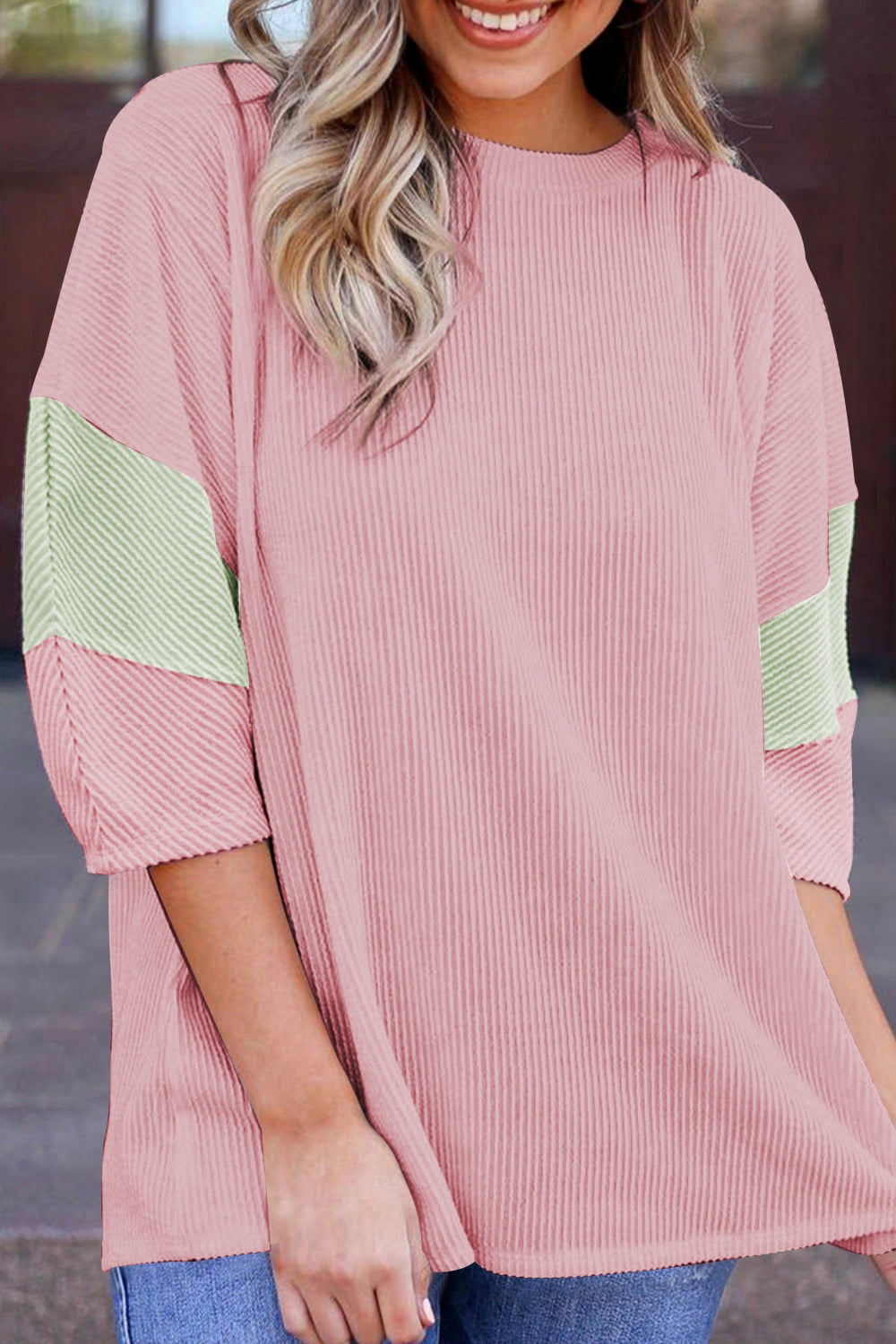 Plusashion Vibrant Pink Color Block Top - Stylish Ribbed Knit for ...