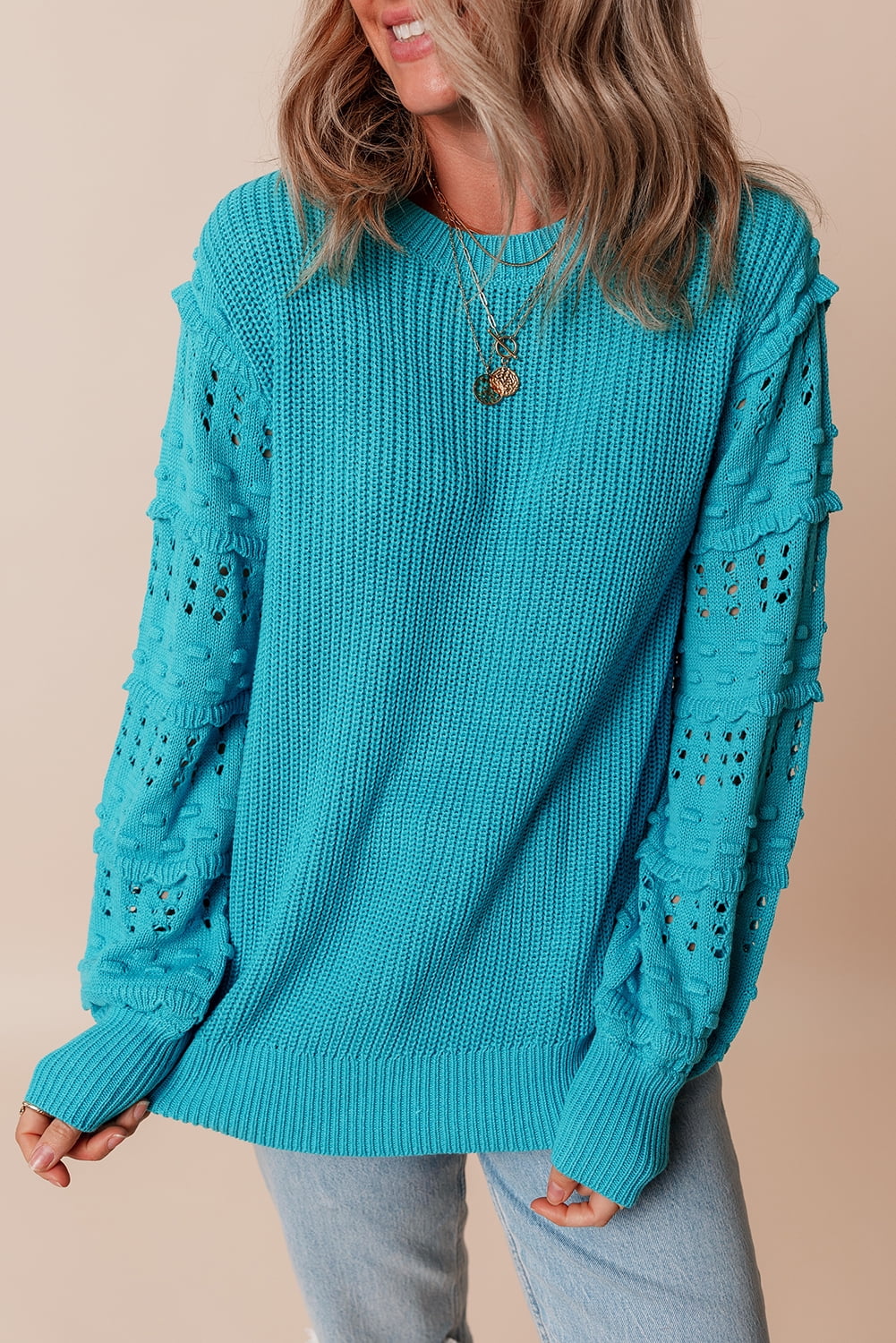 Plusashion Vibrant Turquoise Sweater with Eyelet Bubble Sleeves ...