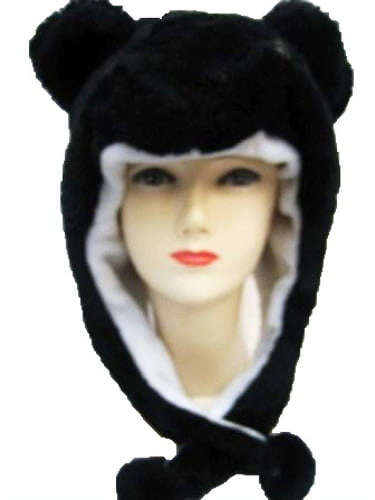 Plush Black Bear Animal Hat - Black Bear Hat with Ear Flaps and Poms ...
